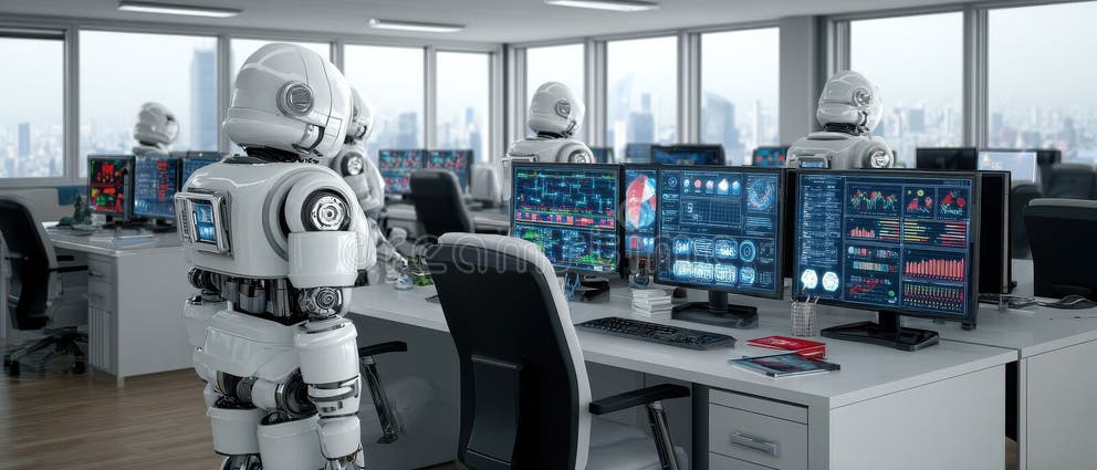 Modern Research Facility Interior Featuring Humanoid Robots Working at Advanced Technology Desks ...