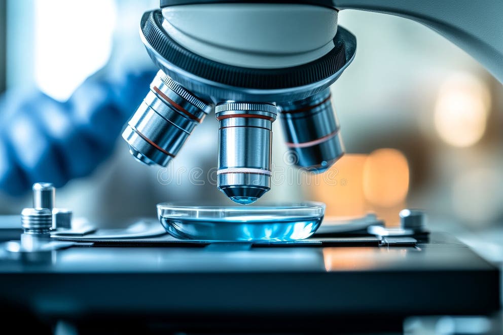 In a Modern Research Facility, a Laboratory Technician Examines a Specimen Under a Microscope ...