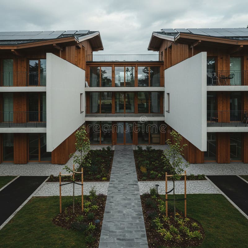 Modern Residential Building Featuring a Symmetrical Design with Wood ...
