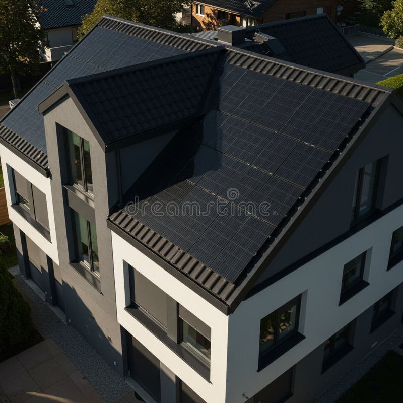 Modern Residential Building with a Pitched Roof Covered in Solar Panels ...