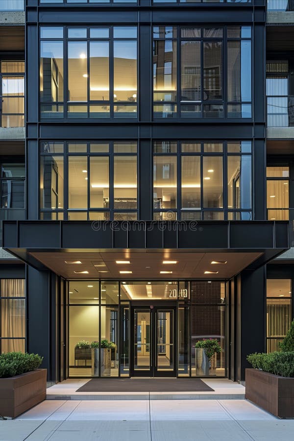 Modern Residential Building Sleek Black Facade Large Glass Windows ...