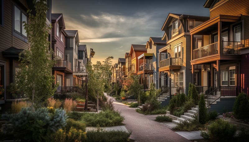 Modern Residential Building in Suburban Landscape, Illuminated at Dusk ...