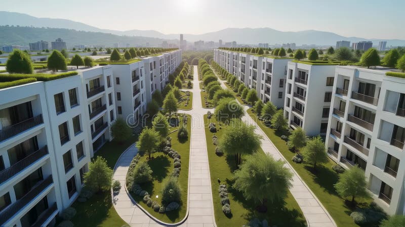 Modern Residential Complex with Green Landscape and Walking Paths Stock ...