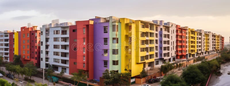 Modern Residential Complex: Multi-colored Facades Under Overcast Sky ...