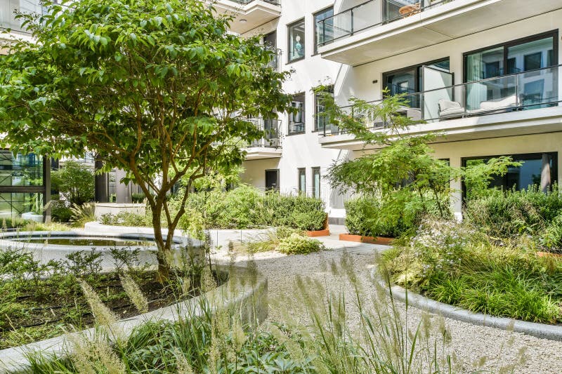 Modern Residential Courtyard with Greenery Stock Photo - Image of ...