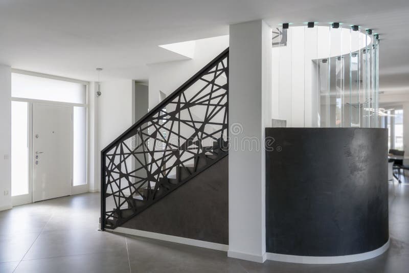 Modern Resin Staircase Inside Luxury House, Glass and Iron Elements ...