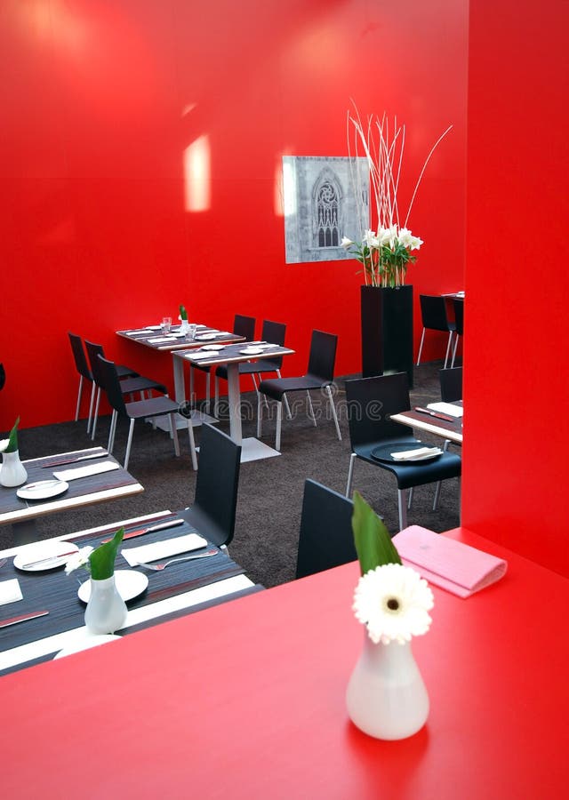 Dining Room Interior with Red Wall Stock Photo - Image of framed, room ...