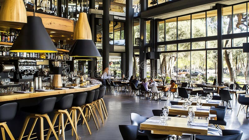 Modern Restaurant Bar Interior, Patrons Dining, Outdoor View Stock ...