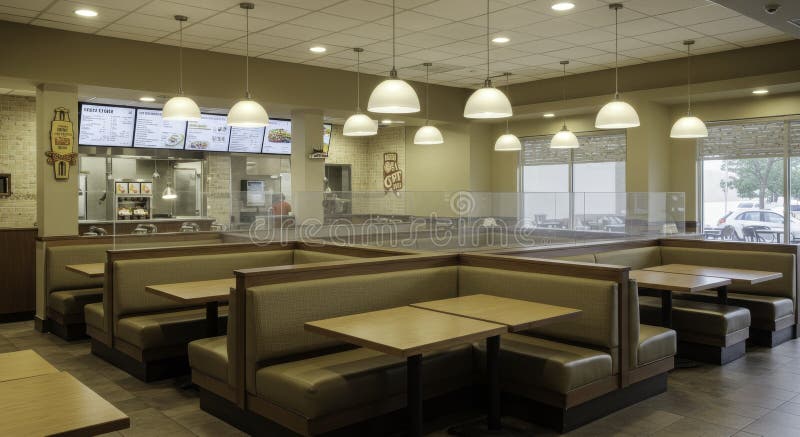 Modern Restaurant Booth Seating Arrangement with Protective Partitions ...