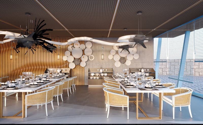 Modern Restaurant Cafe, 3d Render Stock Illustration - Illustration of ...