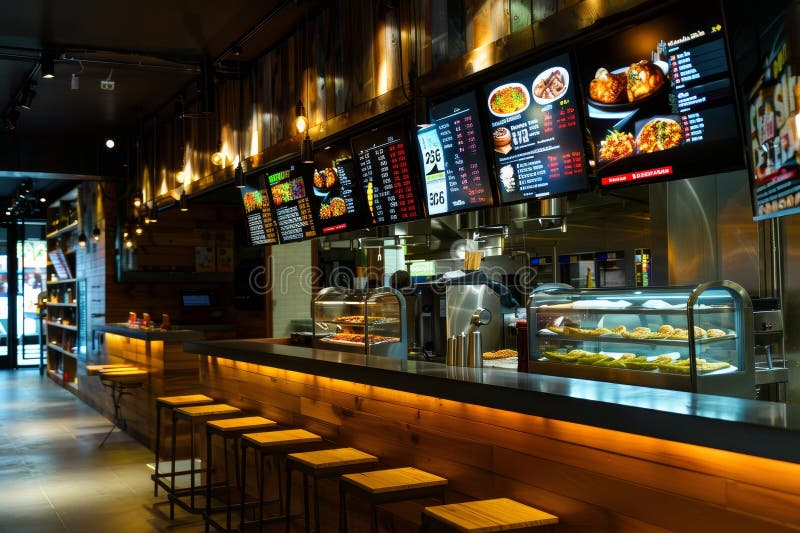 A Modern Restaurant Counter with Digital Signage Displaying a Diverse ...
