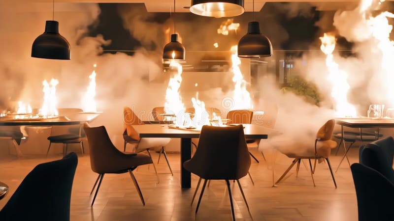 Modern Restaurant Dining Area Engulfed in Flames with Thick Smoke ...
