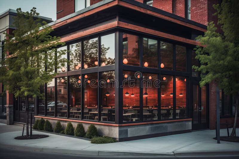 Modern Restaurant Facade with Red Brick Accents and Dark Glass Windows ...