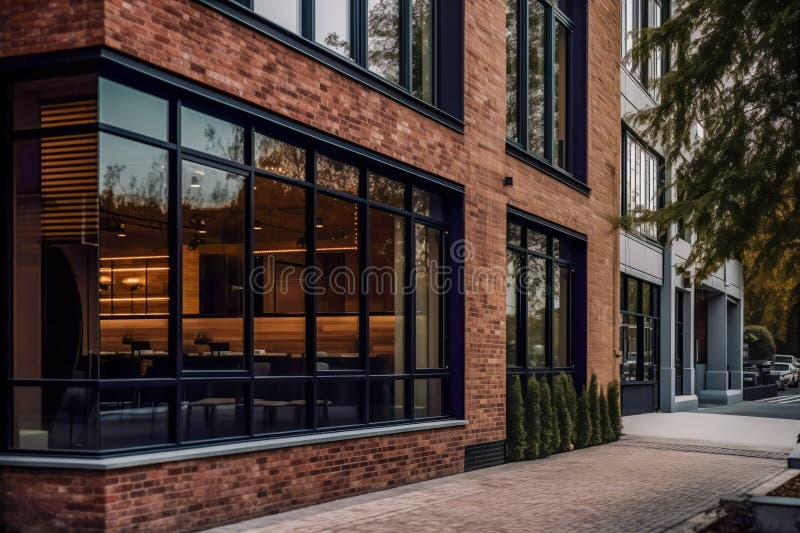 Modern Restaurant Facade with Red Brick Accents and Dark Glass Windows ...