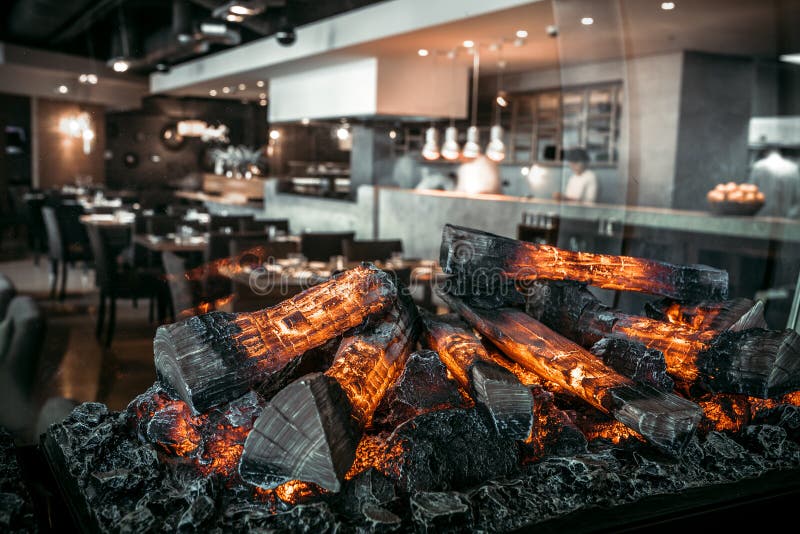 Modern Restaurant with Fireplace Stock Photo - Image of firewood ...