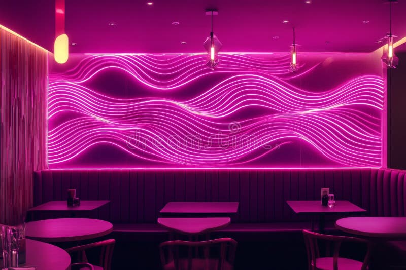 Modern Restaurant Interior with Abstract Neon Pink Wave Design on Wall ...
