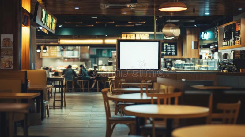 Modern Restaurant Interior with Blank Sign and Wooden Tables Stock ...