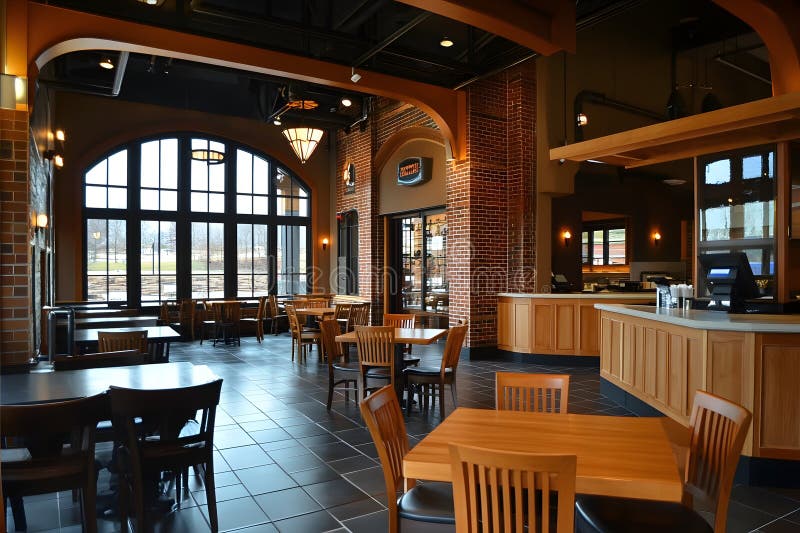 Modern Restaurant Interior with Brick Walls and Large Windows Stock ...