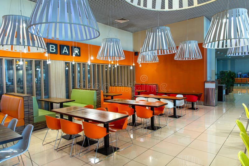 Modern Restaurant Interior with Red and Green Design Stock Photo ...