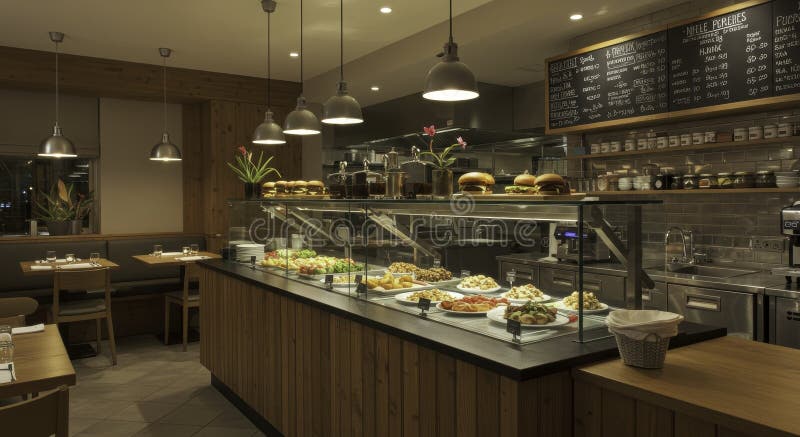 Modern Restaurant Interior with Buffet and Seating Stock Illustration ...