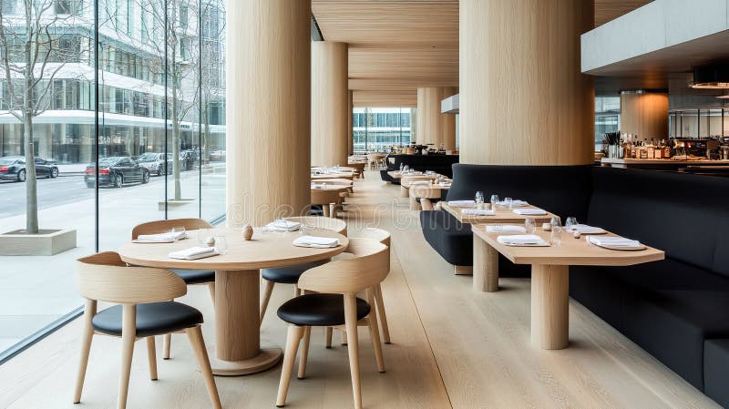 Modern Restaurant Interior City View Tables Set Lunch Stock Photos ...