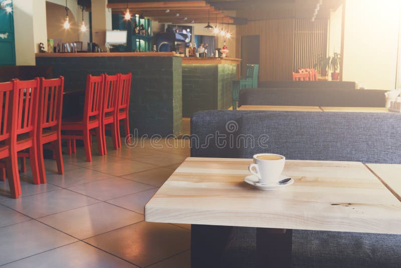 Modern Restaurant Interior, Coffee Cup on Table Stock Photo - Image of ...