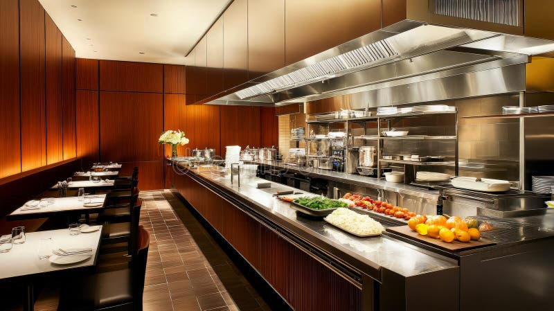 Modern Restaurant Interior Design with Open Kitchen Stock Image - Image ...