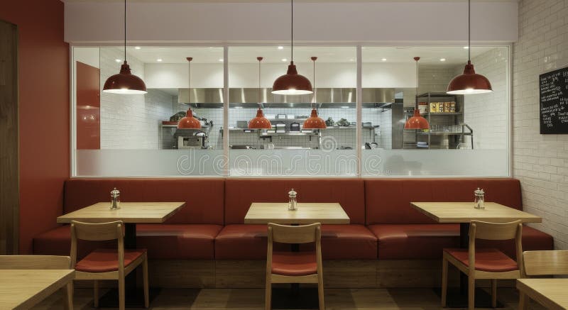 Modern Restaurant Interior Design: Red Booth Seating and Open Kitchen ...