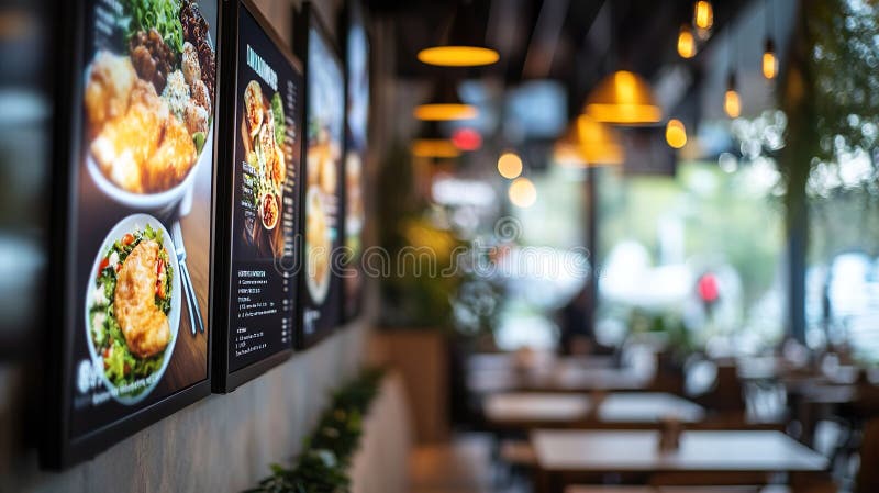 Modern Restaurant Interior with Digital Menu Boards Stock Image - Image ...