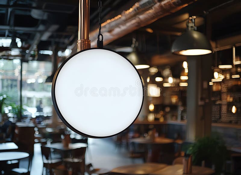 A Circular Blank Sign Hanging in a Modern Restaurant Interior with Warm ...