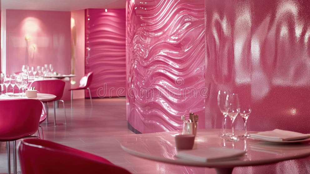 Stylish Pink Restaurant Interior with Wave-Patterned Wall Stock ...