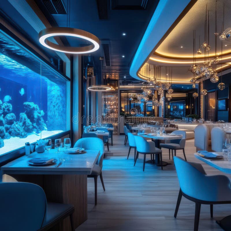 Modern Restaurant Interior with Fish Tank and Blue Lighting Stock ...