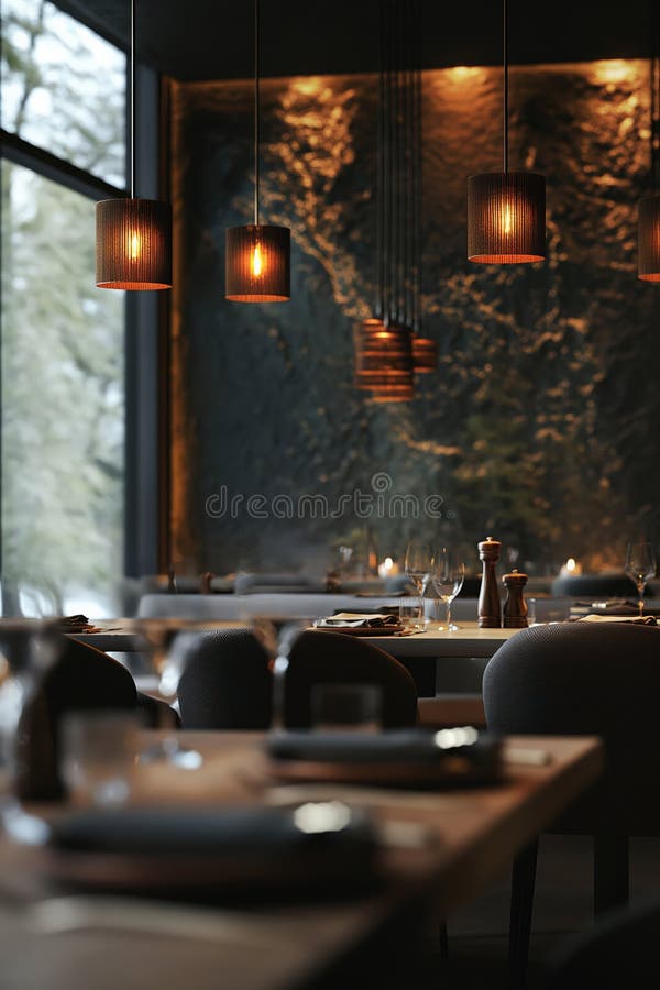 Modern Restaurant Interior with Glowing Lights Over Tables Stock Image ...