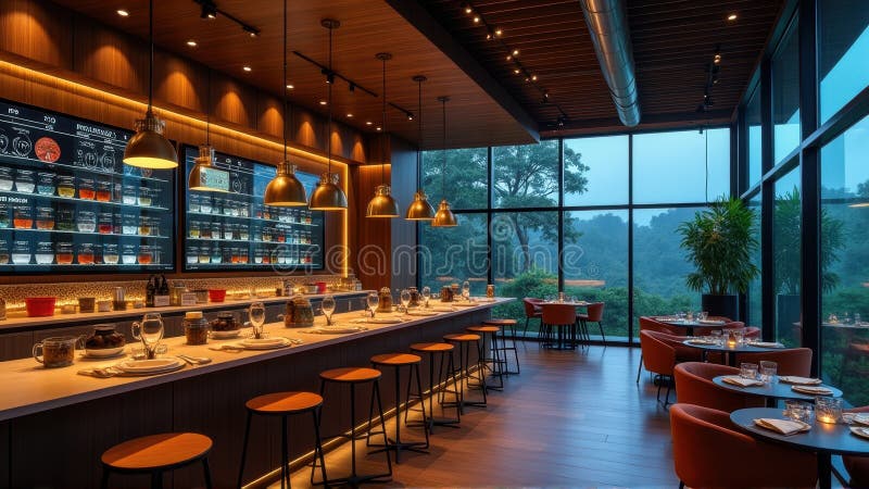 Modern Restaurant Interior with Large Windows and Bar Seating. Stock ...