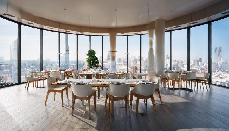 Modern Restaurant Interior with Large Windows and City View. 3D ...
