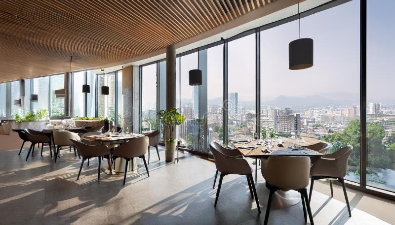 Modern Restaurant Interior with Large Windows and City View. 3D ...