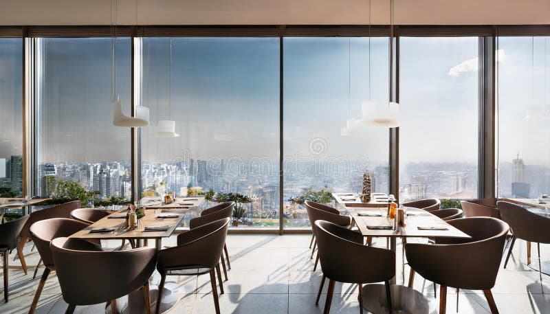 Modern Restaurant Interior with Large Windows and City View. 3D ...