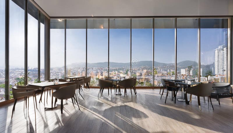 Modern Restaurant Interior with Large Windows and City View. 3D ...