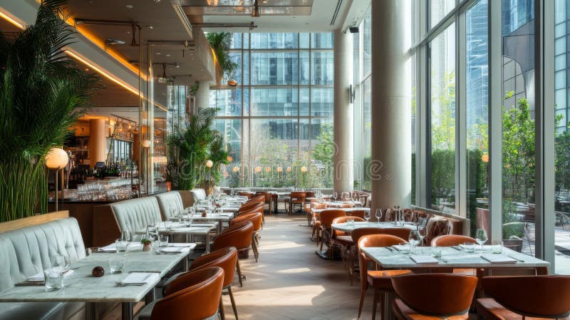 Modern Restaurant Interior with Large Windows and a View of Greenery ...