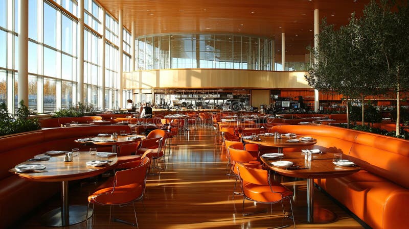 Modern Restaurant Interior with Large Windows, Warm Orange Accents, and ...