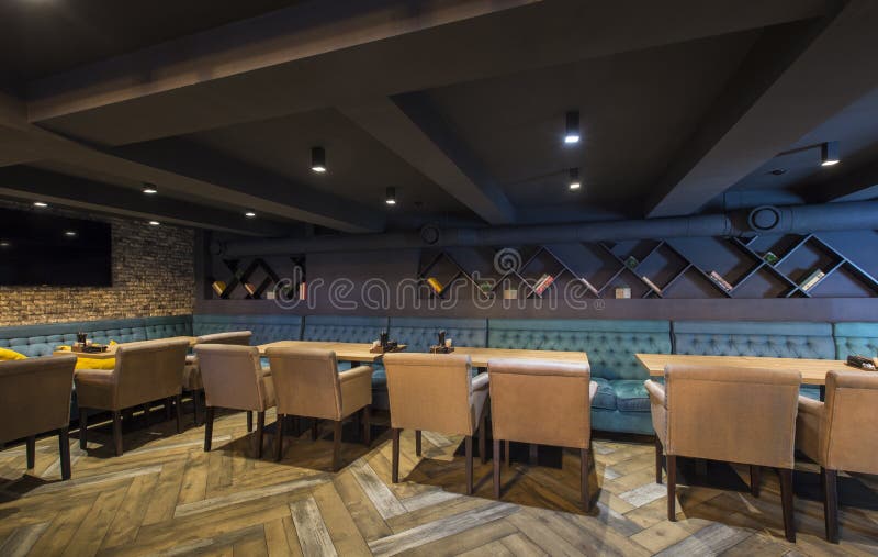 Modern Restaurant Interior in Loft Style with Bricks Wall Stock Photo ...