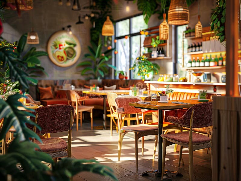 Modern Restaurant Interior with Lush Greenery Stock Illustration - Illustration of trendy ...