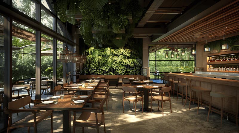 Modern Restaurant Interior with Lush Greenery and Open Layout Showcasing Elegant Design Elements ...