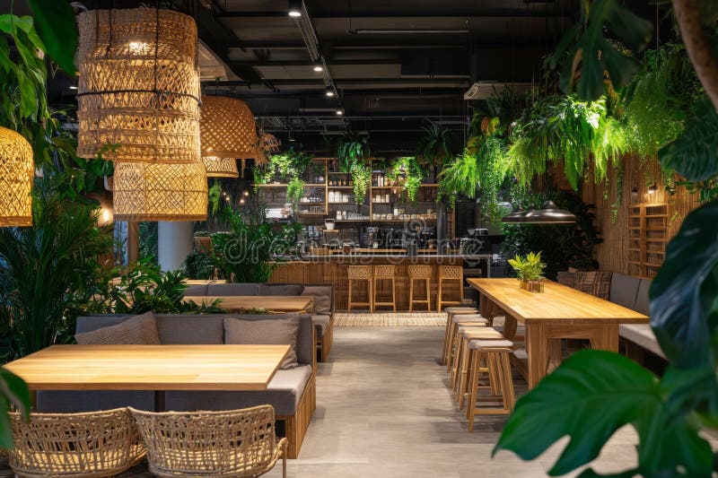 Modern Restaurant Interior with Lush Greenery and Woven Light Fixtures Stock Illustration ...