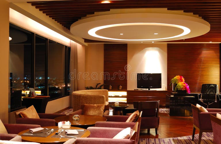 Modern Restaurant Interior in Night Illumination Stock Photo - Image of ...