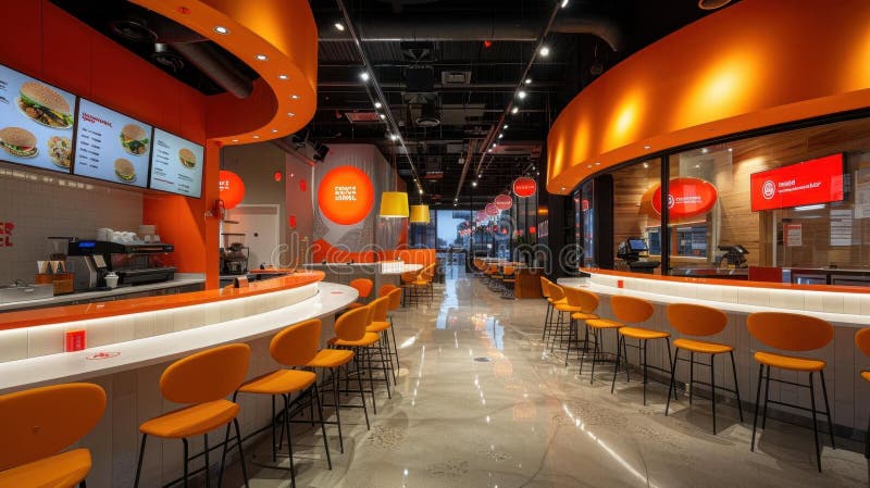 Modern Restaurant Interior with Orange Accents and Curved Seating Stock ...