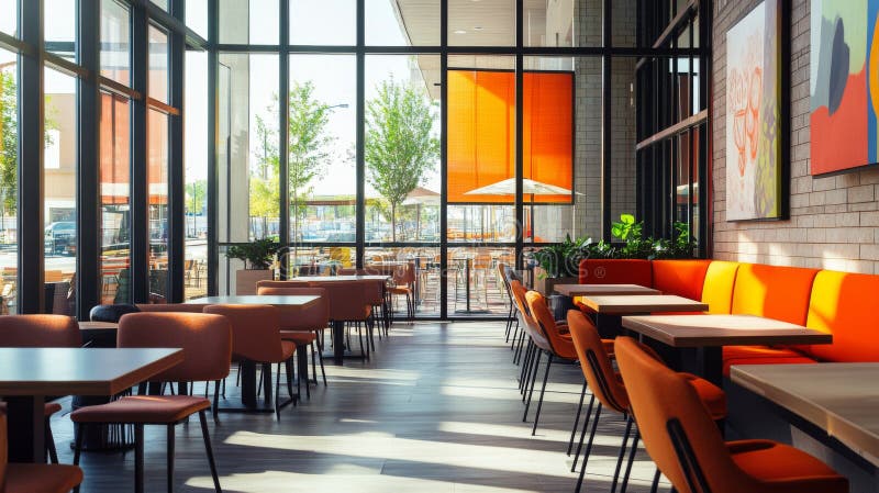 Modern Restaurant Interior with Orange Seating and Large Windows Stock ...