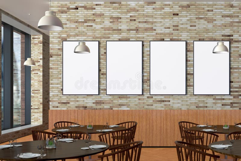 Modern Restaurant Interior with Served Tables and Blank Poster Stock ...