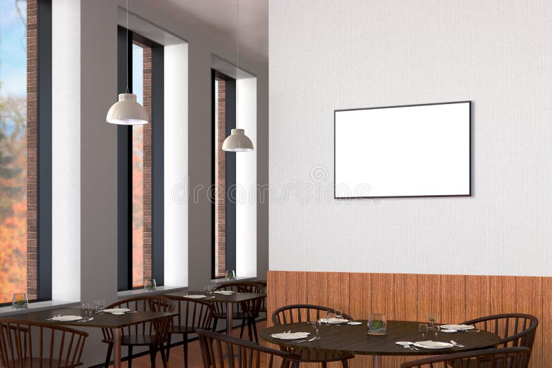 Modern Restaurant Interior with Served Tables and Blank Poster Stock ...
