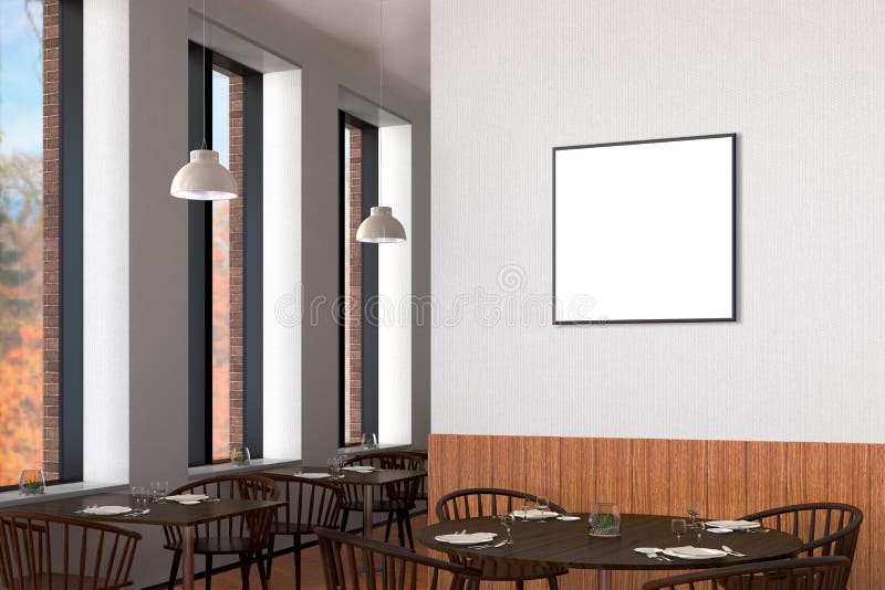 Modern Restaurant Interior with Served Tables and Blank Poster Stock ...